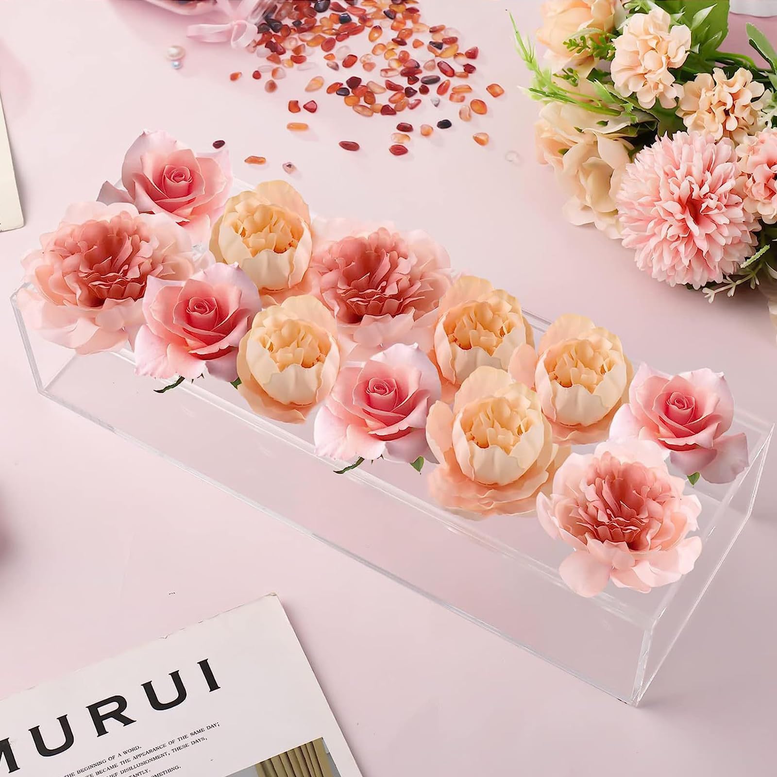 1 Pack Clear Acrylic Flower Vase Rectangular Floral Centerpiece for Dining Table, Home, Weddings Decor, 11.8 Inches Long Acrylic Vase with 12 Holes for Flowers