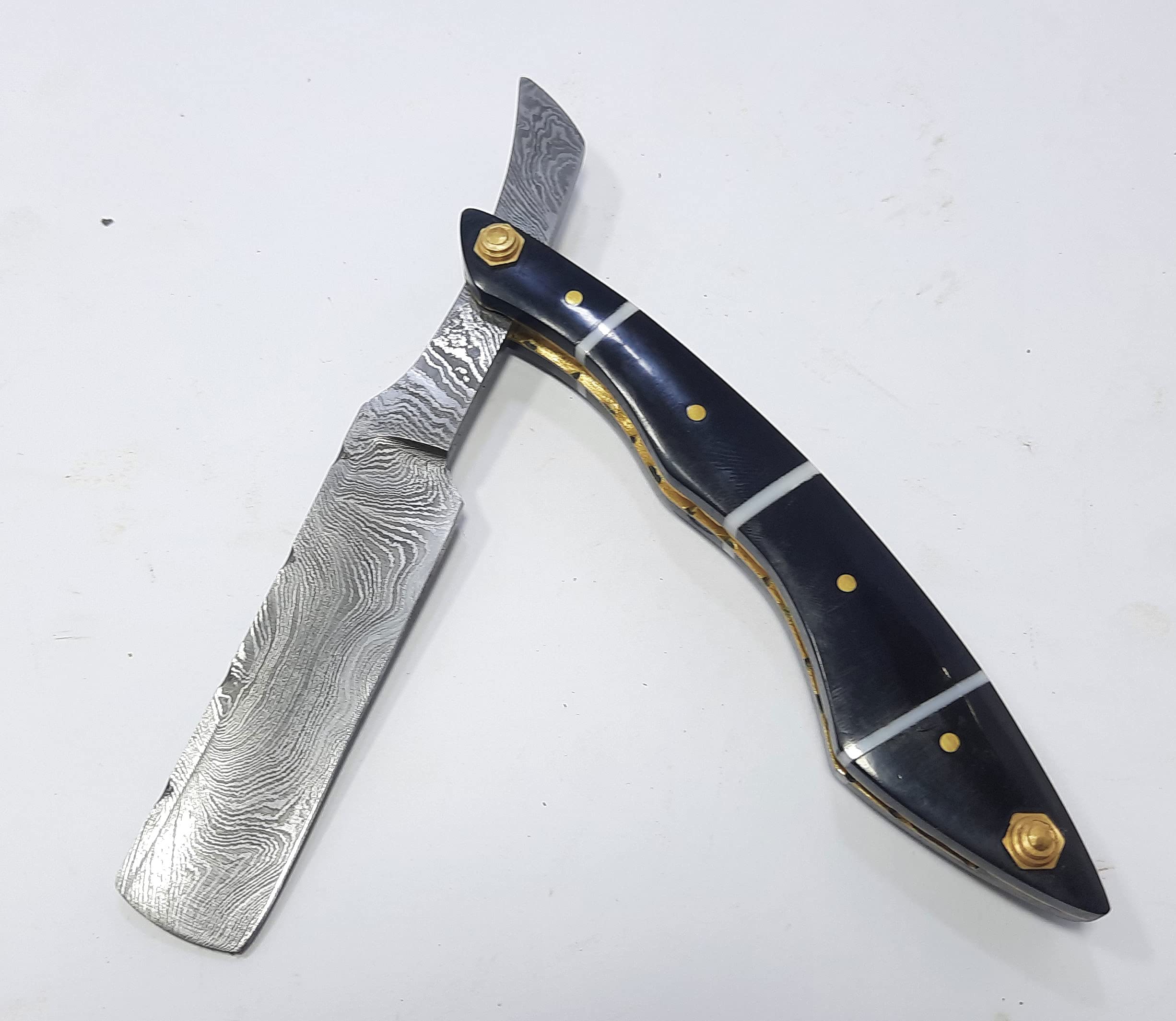 Qureshi Knifes Damascus Steel Straight Razor fixed Blade Camel Bone with Leather Sheath Belt Loop. STR-24001