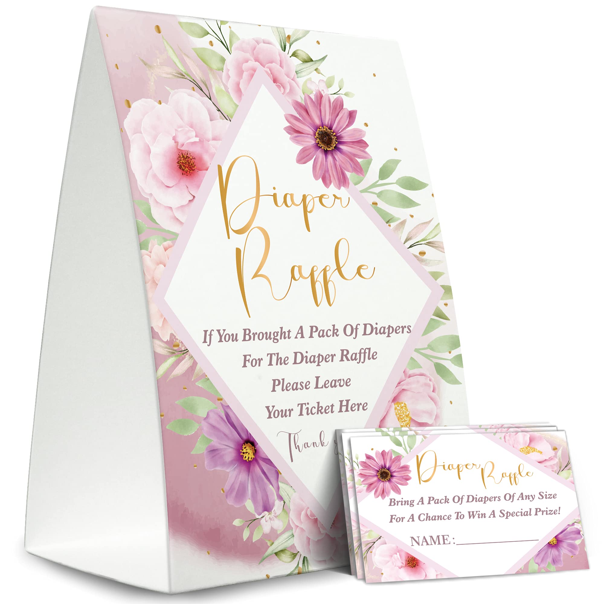 Diaper Raffle Sign,Diaper Raffle Baby Shower Game Kit (1 Standing Sign + 50 Guessing Cards),Greenery Blush Pink Floral Insert Ticket,Baby Showers Decorations,Card for Baby Shower Game to Bring a Pack of Diapers-XN13