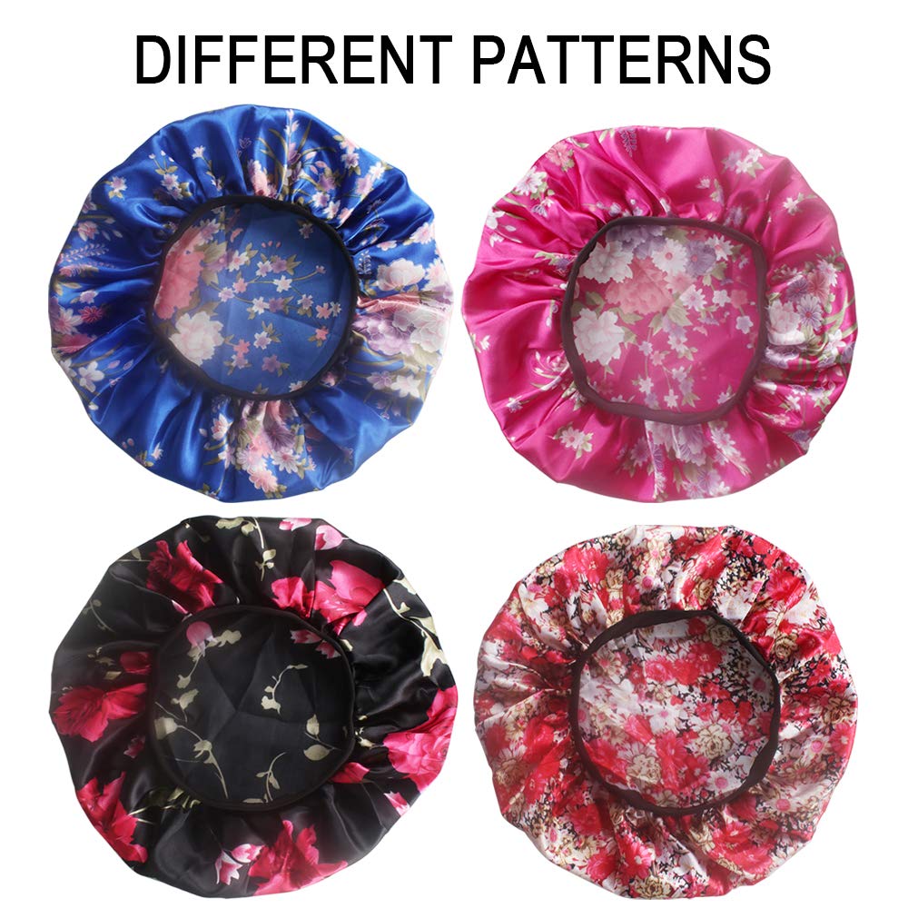 4 Pack Soft Satin Sleeping Cap Wide Band Salon Bonnet Silk Night Sleep Hat Hair Loss Cap for Women, 4 Styles