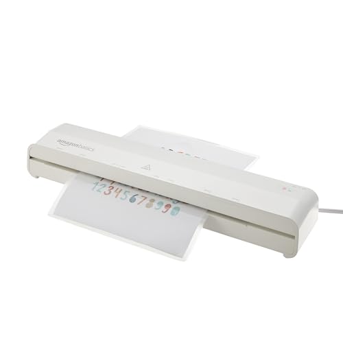 Amazon Basics 12-Inch Thermal Laminator Machine with Rapid Warm-Up (1 min), 20 Assorted Laminating Pouches Included, White