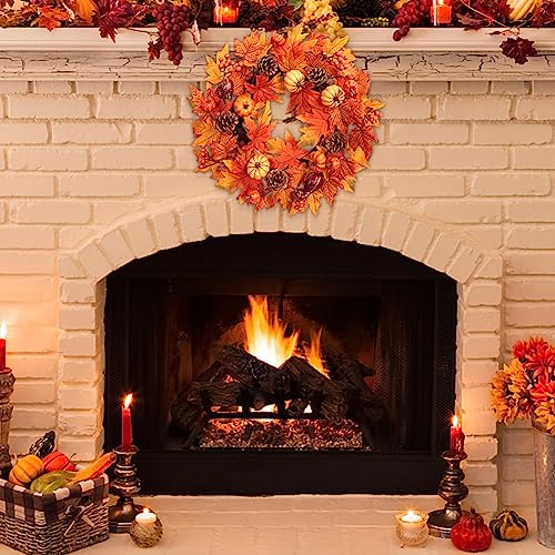 22β Fall Wreath for Front Door, Autumn Wreath with Pine Cones Pumpkin Maple Leaf, Thanksgiving Fall Wreath for Home, Wall, Porch, Windows, Suitable for Outside/Indoor, Holiday, Party, Weddings