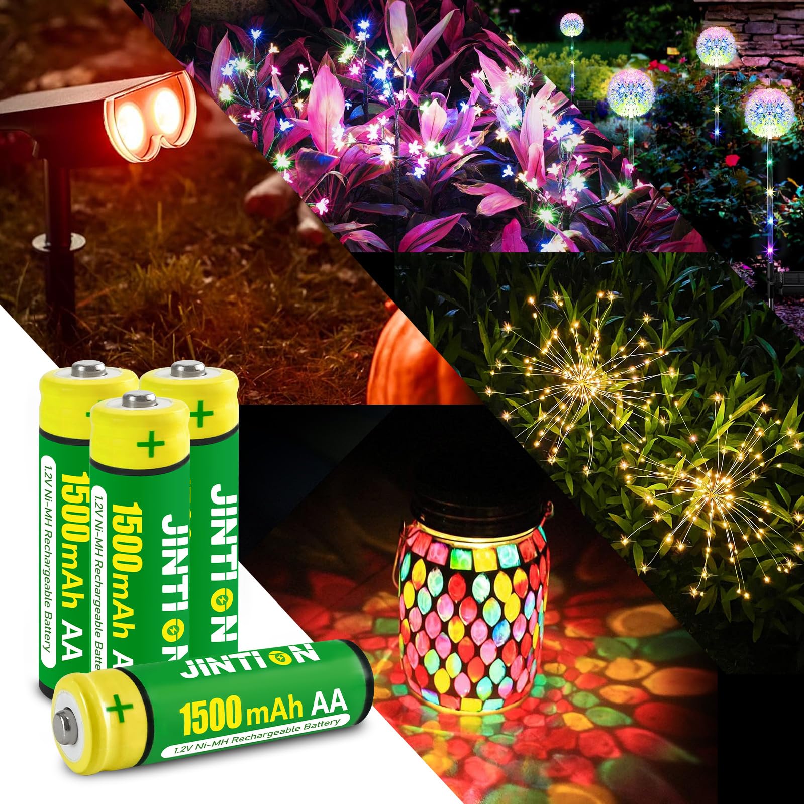 JINTION AA Rechargeable Batteries, Double A Ni-MH High Capacity 1.2V 1500mAh Pre-Charged AA Solar Battery for Solar Lights String Lights Remotes Toys, 4 Pack