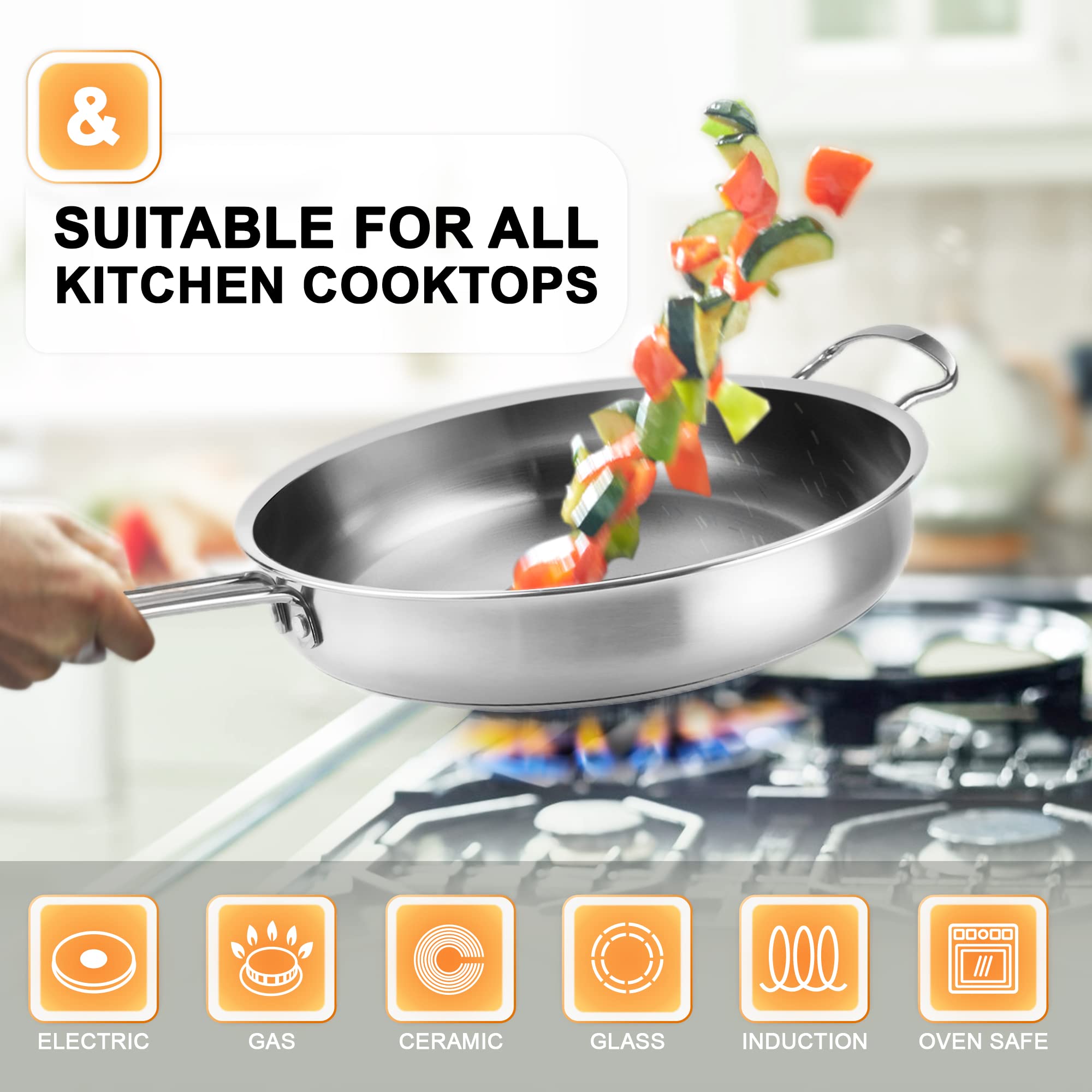 10-Piece Stainless Steel Pots and Pans Set, Kitchen Cookware Sets, Induction Pots and Pans, Cooking Set with Glass Lids, Frying Pans & Saucepan Compatible with All Stovetops