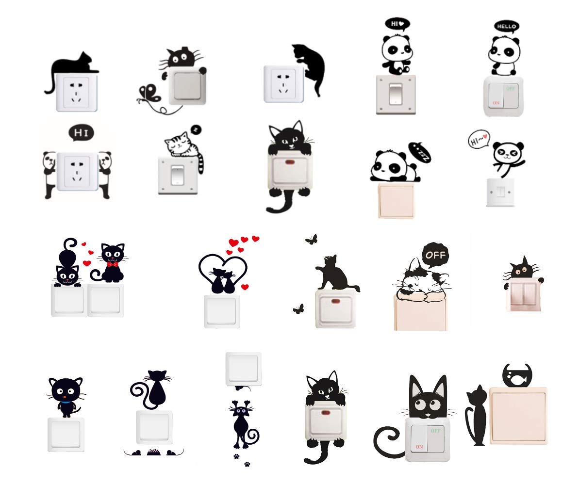 Adam Victor Removable Switch Stickers, Various Lovely Cats, Pandas Different Cartoon Wall Sticker Decor, Family Light Switch Decals DIY Kids Bedroom Car Stickers Office Home Decoration (20 PCS)
