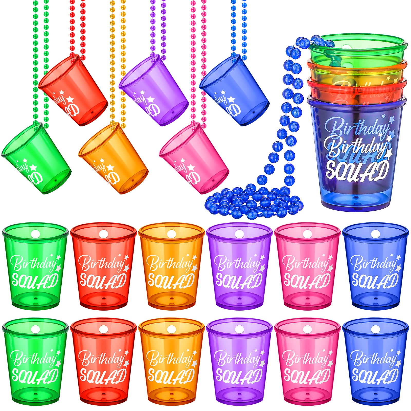12 Pcs Birthday Squad Shot Glass Necklace Shot Necklace Cups Plastic Birthday Glasses on Beaded Necklace Funny Beaded Birthday Squad Cups for Adults Birthday Wedding Party Supplies Favors, 6 Colors
