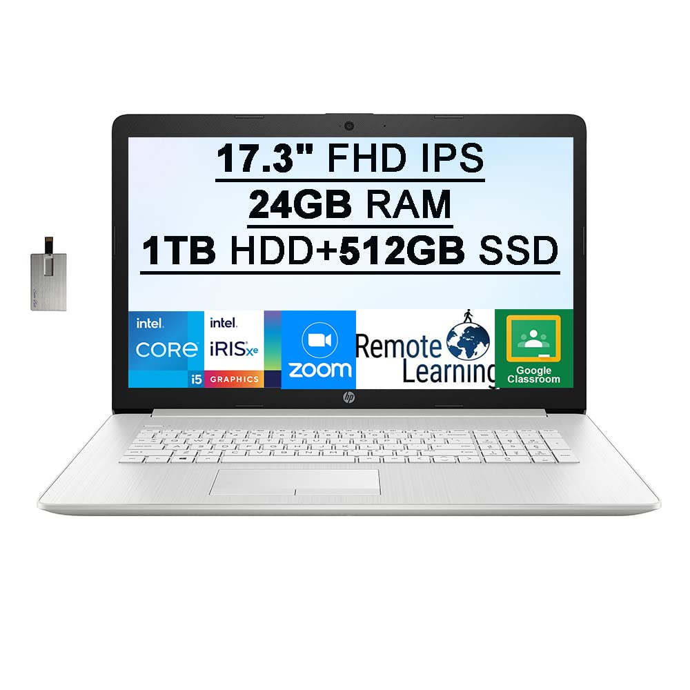 HP 17.3" FHD Laptop Computer, 11th Intel Core i5-1135G7 Processor, 24GB RAM, 1TB HDD+512GB PCIe SSD, Intel Iris Xe Graphics, HD Audio, Bluetooth, HDMI, Windows 10S, Silver, 32GB Hotface USB Card