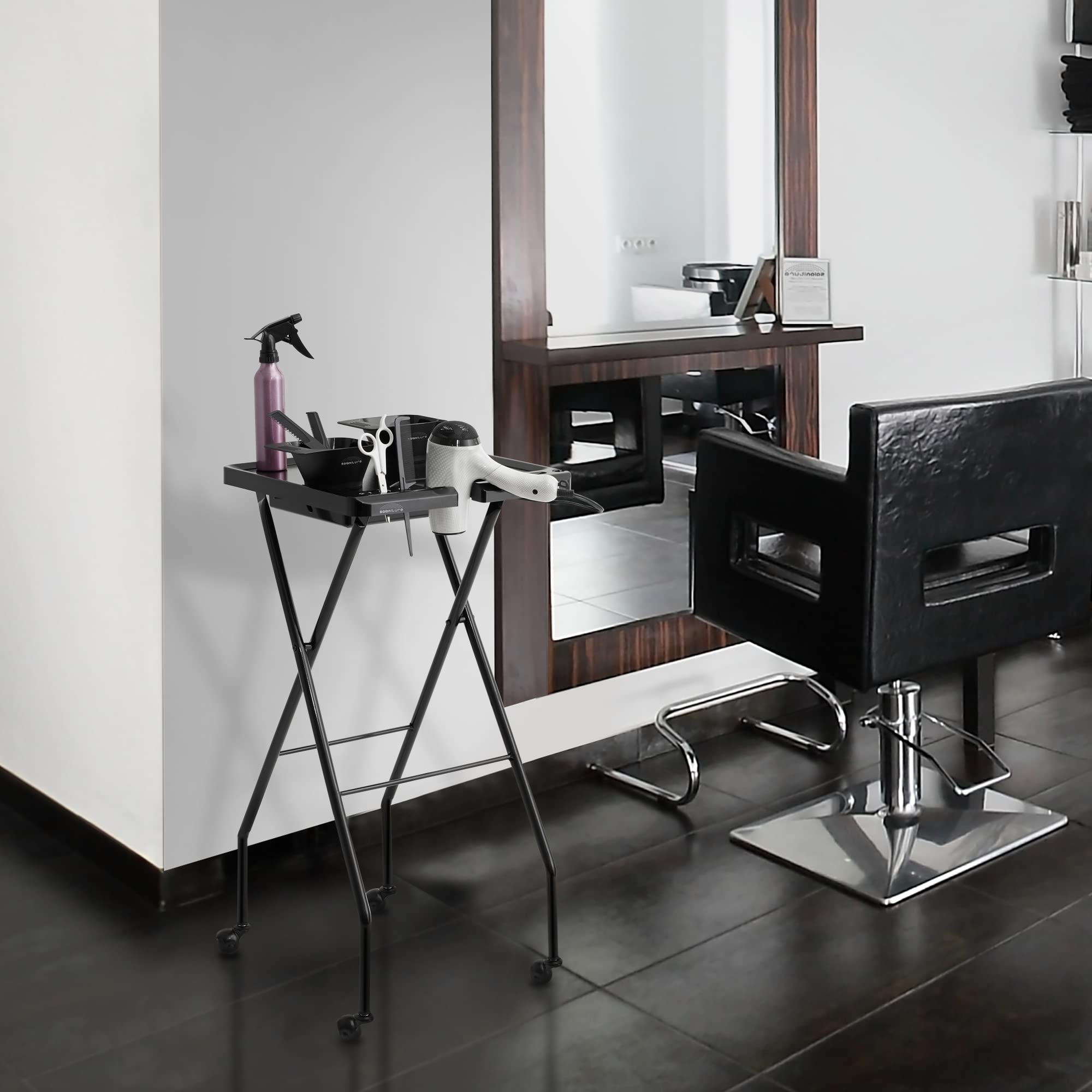 Saloniture Rolling Salon Coloring Tray - Folding Hair Stylist Color Cart with Drawer and Magnetic Bowls, Black