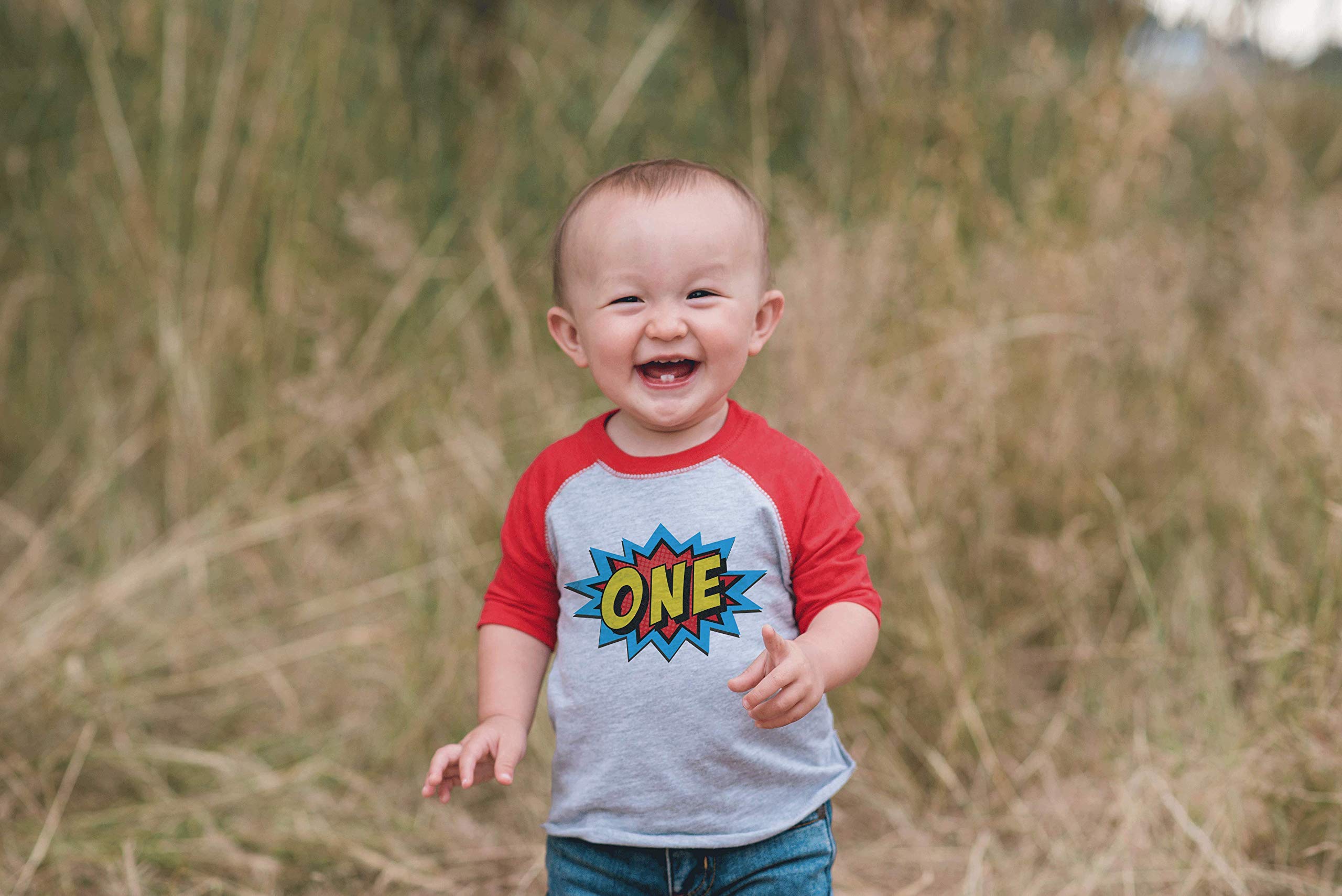 7 ate 9 Apparel Boy's Birthday Superhero One 1st 1 First Birthday Red Raglan 18 Months