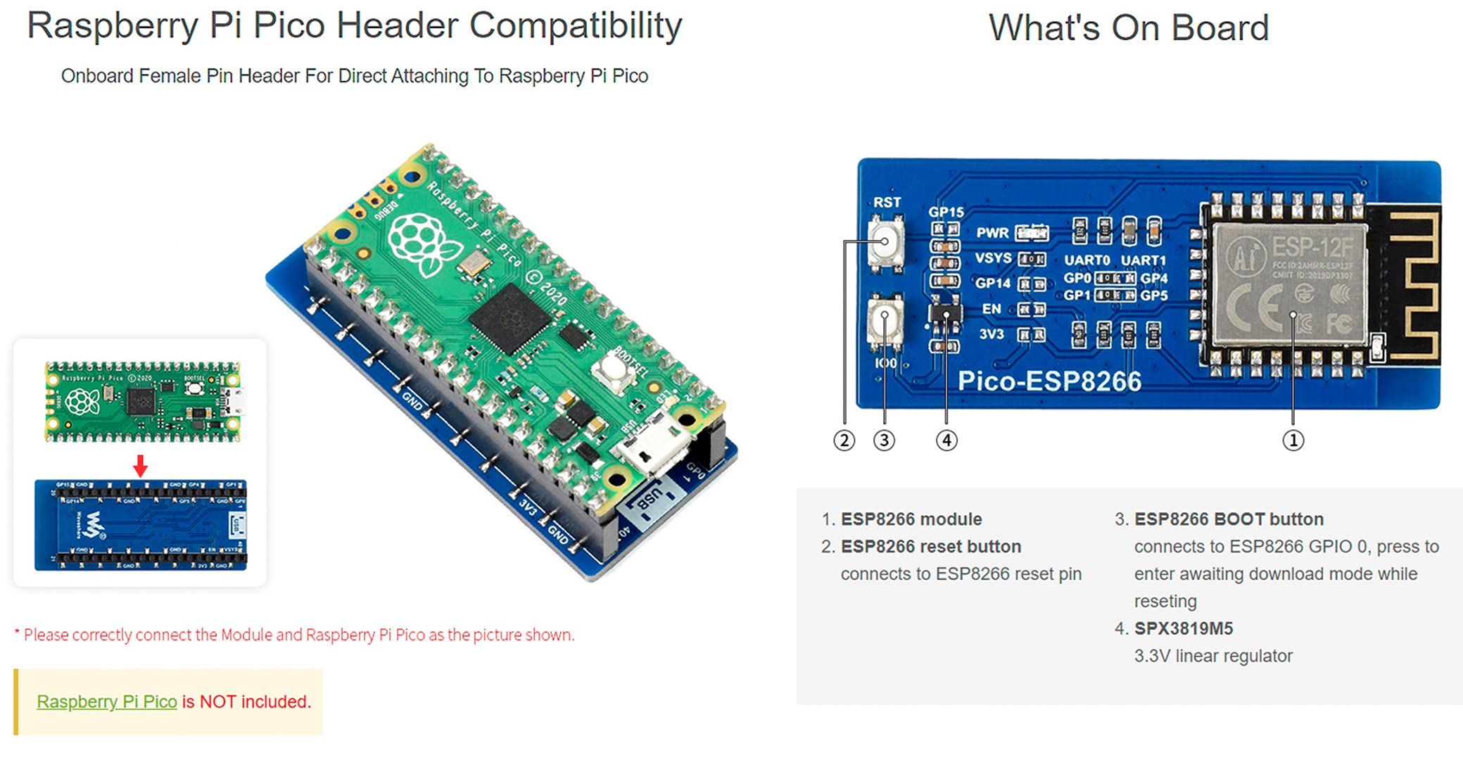 ESP8266 WiFi Module for Raspberry Pi Pico, WiFi Expansion Module Controlled via UART at Command, Support TCP/UDP Protocol,STA, AP, and STA+AP Three WiFi Operating Modes
