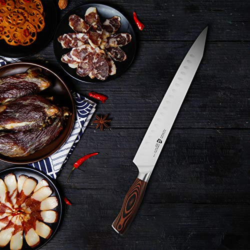 TUO Slicing Knife 12 - Sujihiki Slicer Professional Meat & Fish Carving Master - Long Kitchen Kiritsuke Chef Knives - German Steel & Comfortable Pakkawood Handle - Gift Box Included - Fiery Series