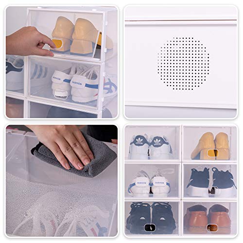 DHMAKER 6 pack Stackable Shoe Box, Thicken Foldable Clear Shoe Organizer, update Reinforced Design, Most Sturdy Shoe Storage Boxes - white