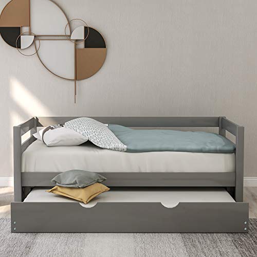 Merax Twin Daybed with Trundle, Solid Wood Captains Bed Twin Size Sofa Bed Frame (Grey)