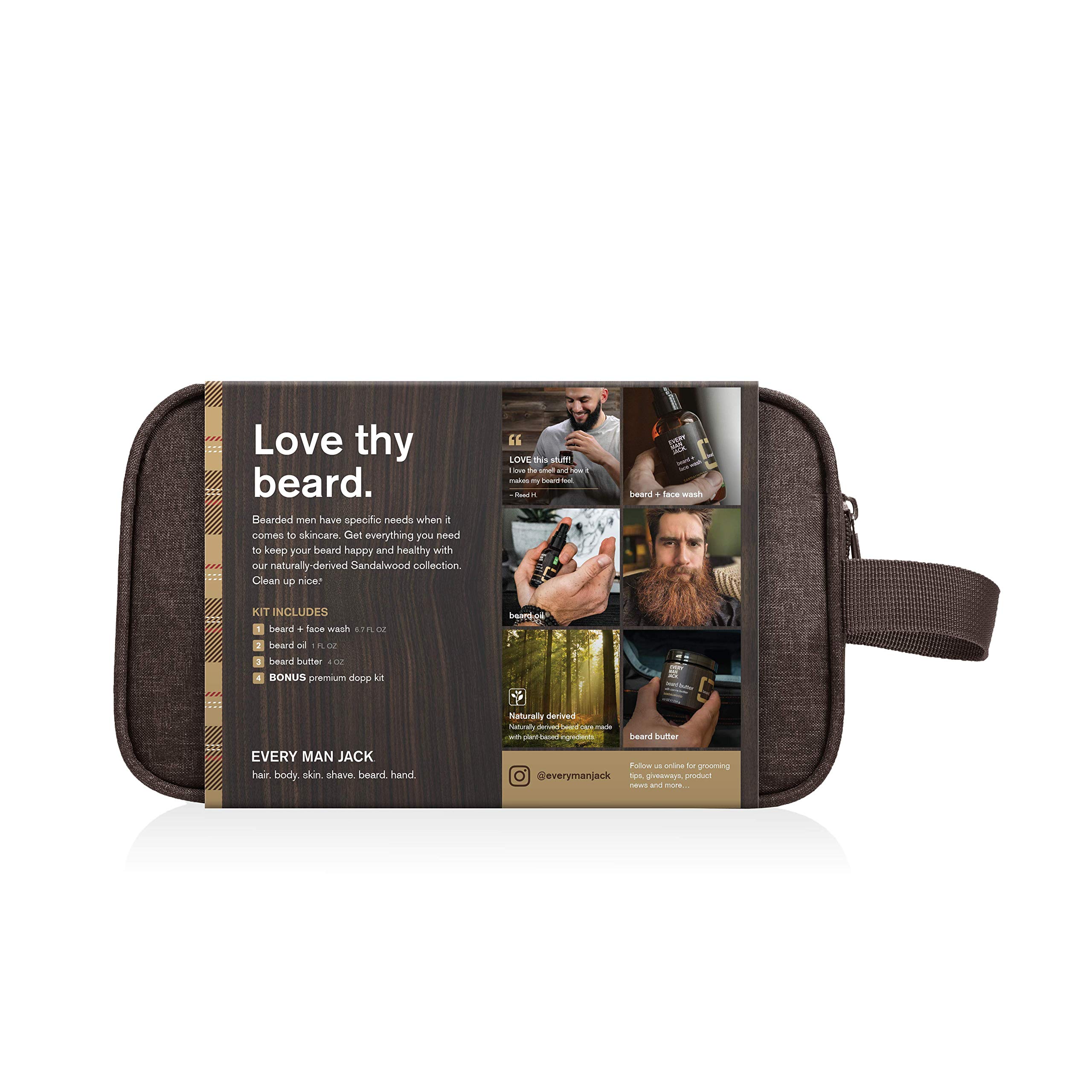 Every Man Jack Mens Sandalwood Beard Set - Perfect for Every Guy - Includes Full-Sized Grooming Essentials - Beard + Face Wash, Beard Oil, Beard Butter + Dopp Bag