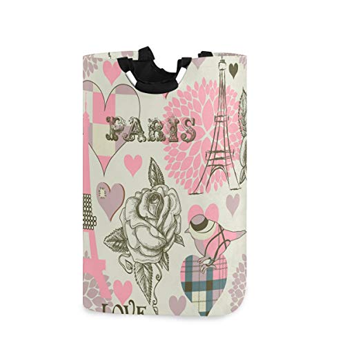 ALAZA Paris Eiffel Tower Rose Floral Heart Laundry Basket Hamper Large Storage Bin with Handles for Gift Baskets, Bedroom, Clothes