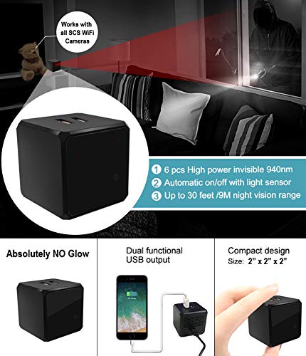 Total Invisible Covert 940nM IR Charging Cube with Light Sensor (6 High Power LED Illuminator Array) 30ft Range, 150 deg, 5VDC