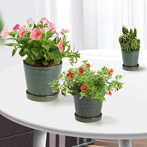 BUYMAX Succulent Planter β4β+5β+6β inch Ceramic Flower Pot with Drainage Holes and Ceramic Tray - Gardening Home Desktop Office Windowsill Decoration Gift Set 3 - Plants NOT Included (Patina)