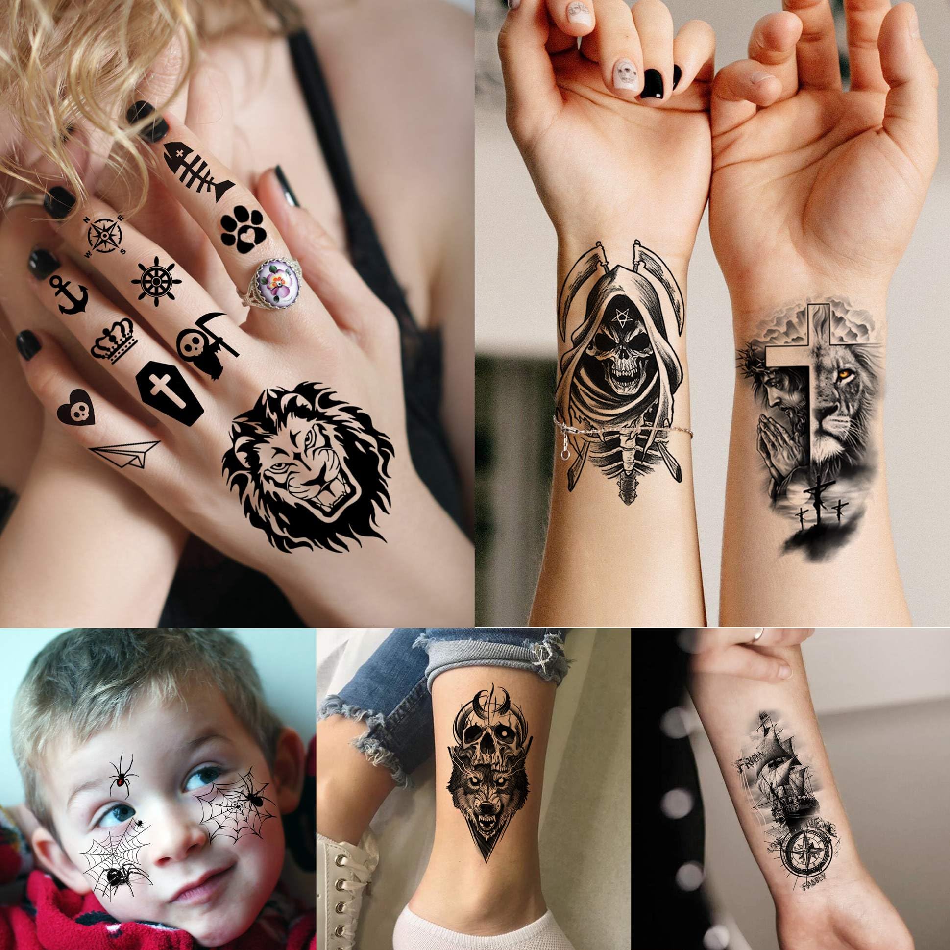 67 Sheets 3D Black Tribal Realistic Temporary Tattoos for Men Women Adults - Tiger Lion Gladiator Temp Skull Fake Half Arm Sleeve Tattoos Sticker