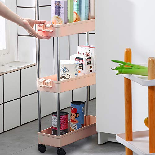 DILUOOU 3 Tier Slim Storage Cart, Mobile Shelving Unit Organizer Slide Out Rolling Storage Racks with Wheels, for Kitchen Bathroom Laundry Room Narrow Places,Pink