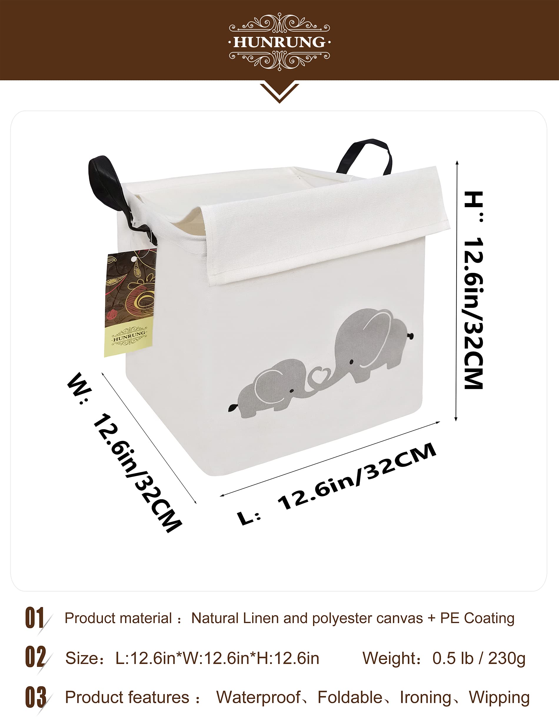 HUNRUNG Storage Boxes with Lids Rectangle/Square Storage Bins,Storage Basket Cute Canvas Organizer Bin for Pet/Children Toys, Books, Clothes Perfect for Rooms(Square-Love-Elephant-with lid)