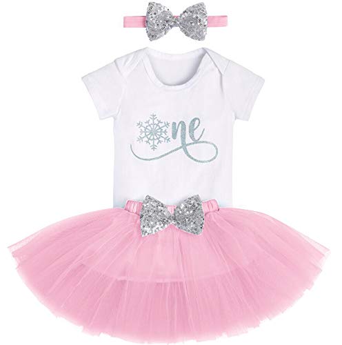1st Birthday Snowflake Outfit Baby Girl Pink Silver Snow Flake One First Birthday Outfit Cake Smash Tutu for Photo Shoot Romper Skirt Headband Princess 1 Year Old Winter Theme Birthday Party Supplies
