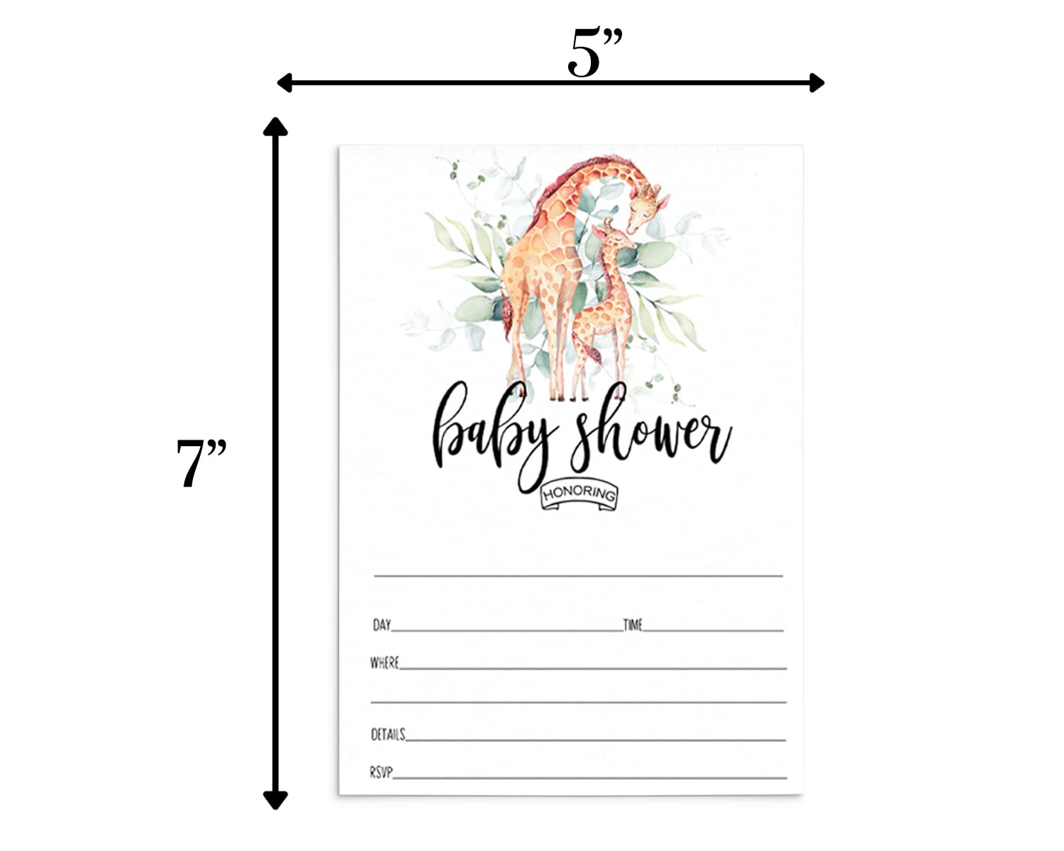 Giraffe Baby Shower Invitations Gender Neutral (25 Pack) Blank Invites for Reveal Parties – Greenery Theme Boy or Girl – Handwrite Party Details on Printed Invitation with Envelope Set 5x7