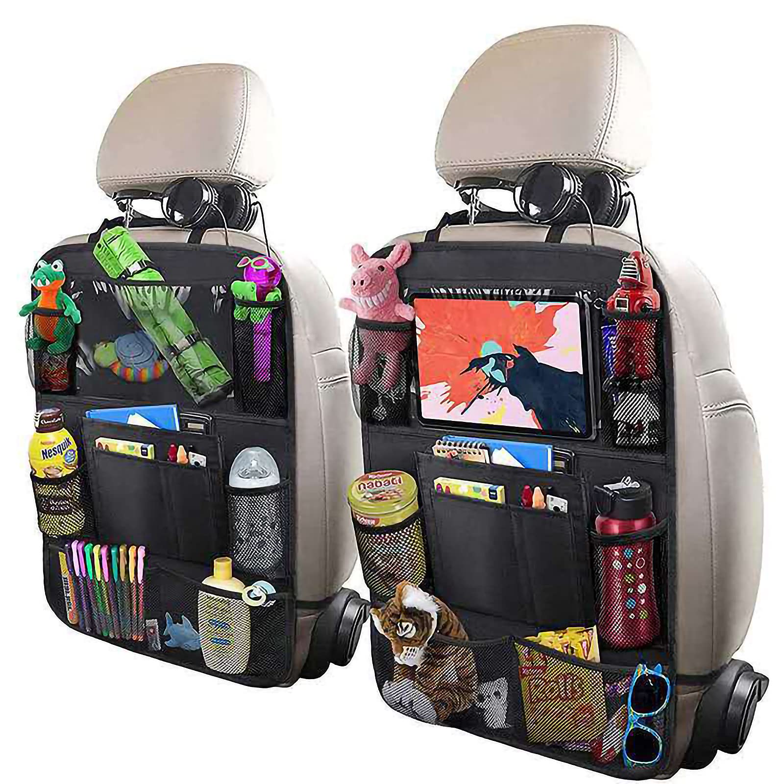 sunyou Car Backseat Organizer Car Organizer Kick Mats with 10inch Tablet Holder,10 Pockets, Car Organizer for Road Trip, Kid Snacks, Toys for Kids and Toddlers(2 PACK)