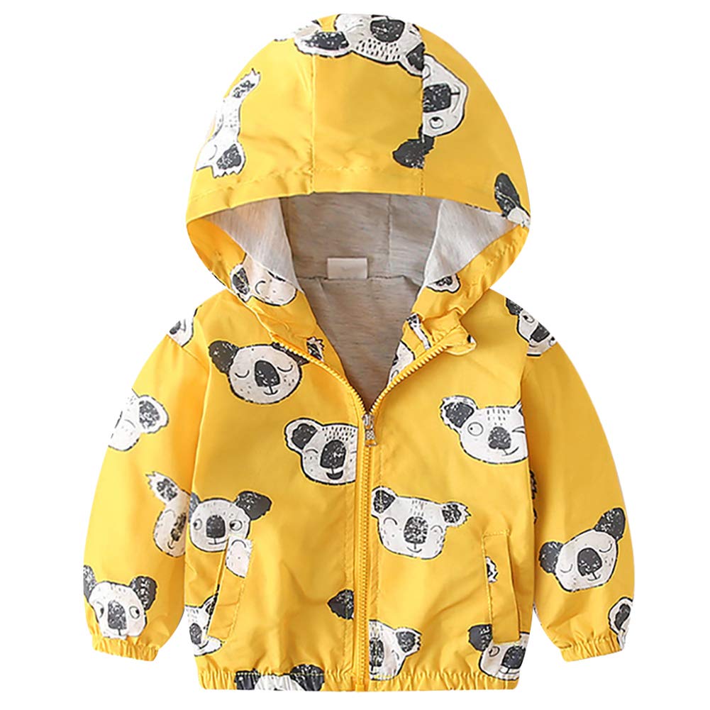 Toddler Baby Boys Girls Cartoon Panda Print Hooded Jacket Long Sleeve Windproof Rain Coats Zipper Trench Sweatshirts Fall Winter Lightweight Windbreaker Active Warm Outerwear Yellow Koala 12-18 Months