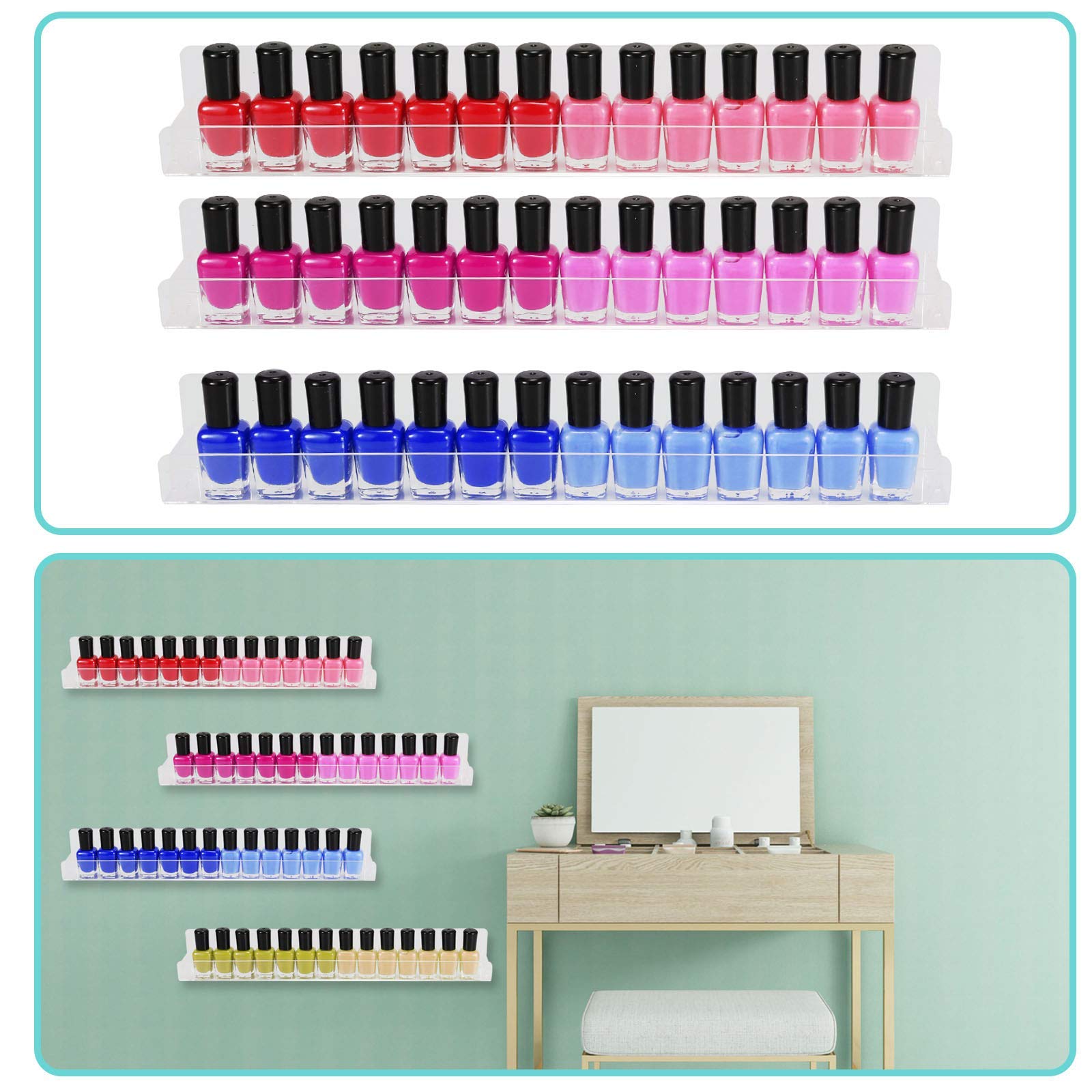 Umirokin 6 Packs Acrylic Nail Polish Rack Wall Mounted Shelf, Clear Nail Polish Wall Holder Display for Paint Perfume Essential Oils Organizer Holds up 54 to 96 Bottles, 15Inch