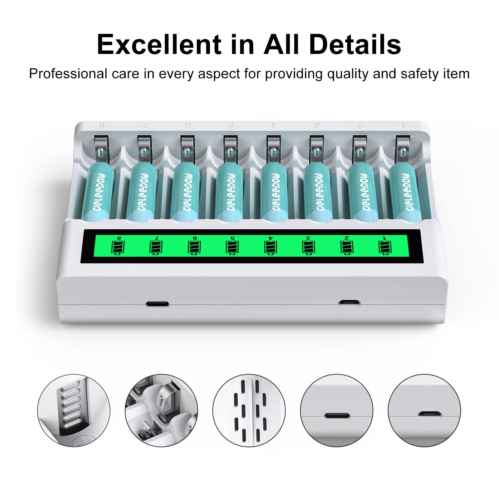 Deleepow Rechargeable AAA Batteries NiMH 1.2V 1100mAh Triple A Batteries 8 Pack with 8 Slot LCD Charger