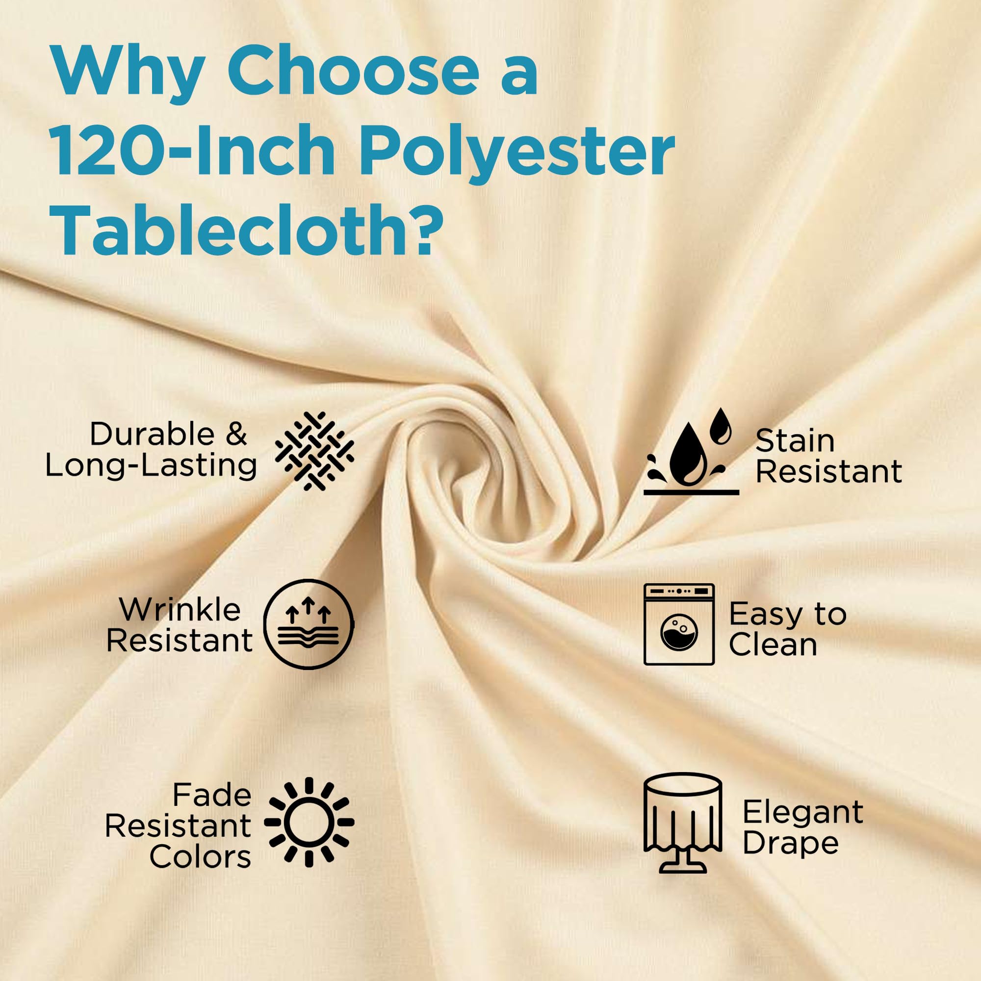 10-Pack 120-Inch Round Ivory Polyester Tablecloths – Machine Washable, Durable, Wrinkle-Resistant Linens for 8-Foot Tables – Ideal for Weddings, Banquets, Restaurants, Parties
