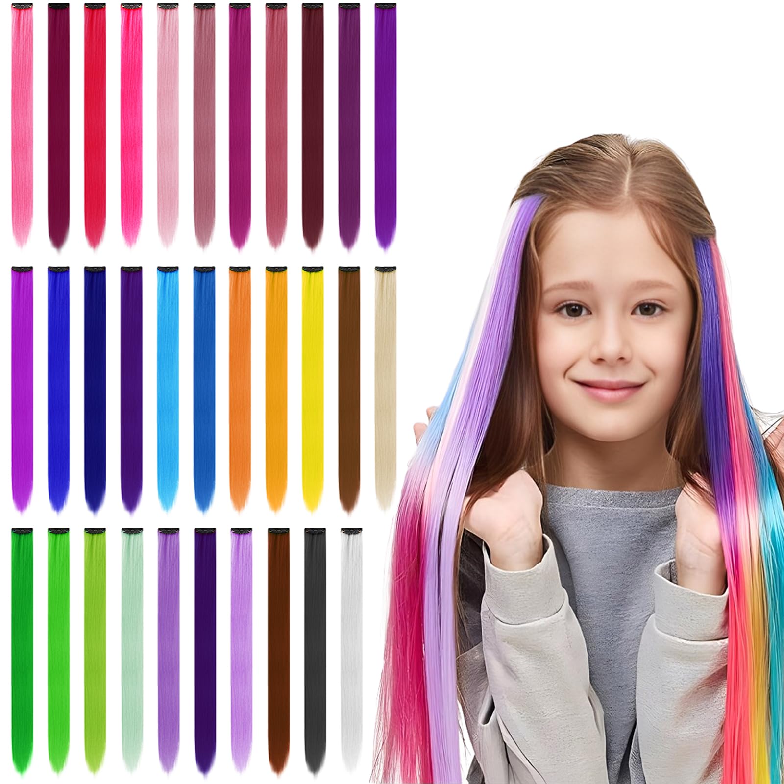 32 PCS Clip in Colored Hair Extensions for Kids, 20 Inches Rainbow Long Straight Hairpieces Synthetic,BEAHOT Hair Extensions-Pretty Gift for Cosplay Dress Up Fashion Party Birthday(32 Colors)