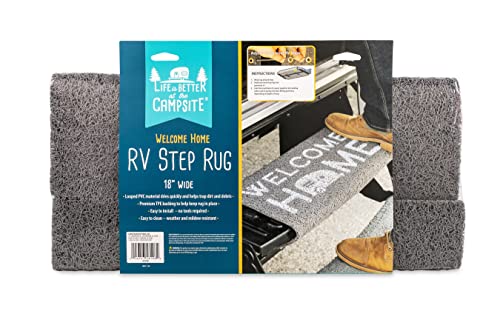 Camco 53196 Life is Better at The Campsite RV Wrap Around Step Rug, Fits 18-inch Wide Steps - for Manual and Electric RV Steps - Features a Gray Mat with a White Welcome Home Retro RV Print