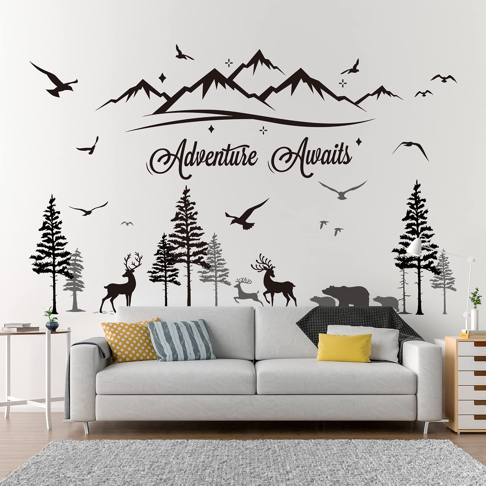 Adventure Awaits Wall Stickers Decals Removable Travel Inspirational Quotes Wall Decals Forest Pine Tree with Bear Home Decor Sticker for Living Room Bedroom Nursery Room Home Decor