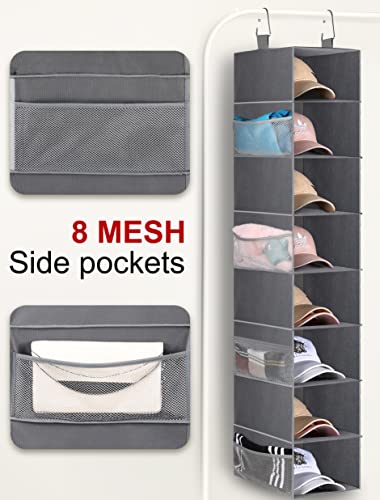 MISSLO 8-Shelf Hanging Shoe Organizer Clothes Closet Organizers and Storage Shelves Hat Holder with Large Shelf and Side Mesh Pockets for Hats Handbags Kid Sweater, Grey