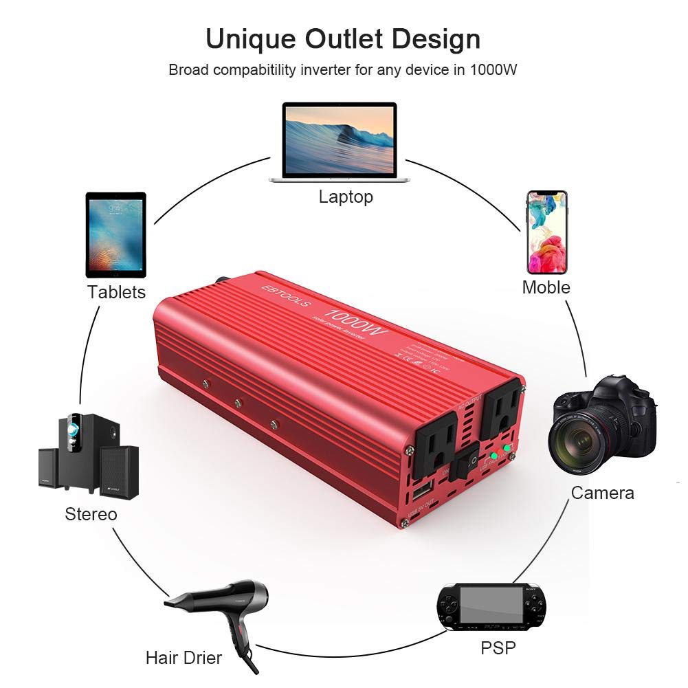 1000W/2000W Power Inverter 12V DC to 110V AC Car Converter with USB Charging Ports and Dual AC Outlets