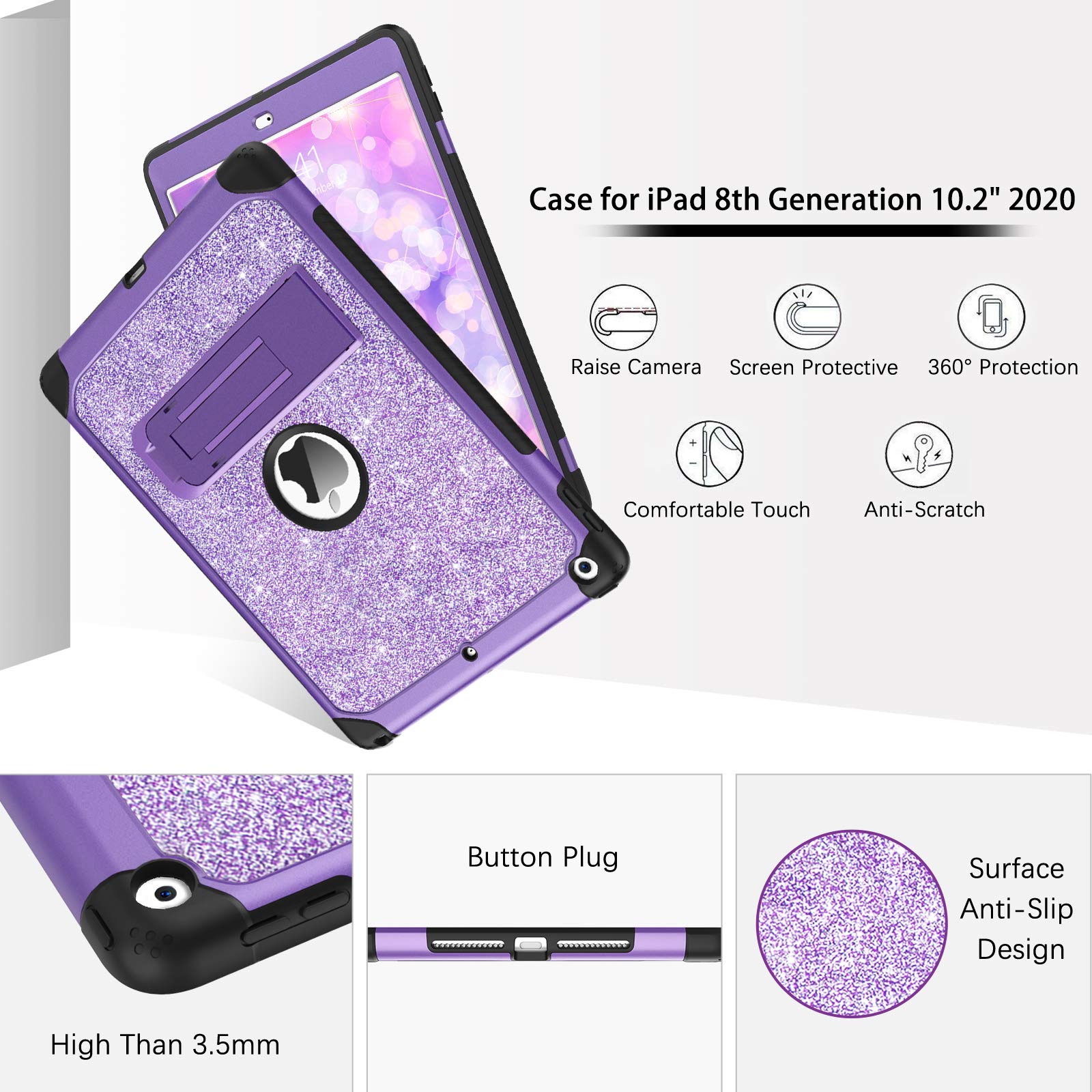 BENTOBEN for iPad 9th Generation Case with Kickstand, iPad 8th / 7th Generation Case Glitter Sparkly 3 Layers Shockproof Full Body Protective Girls Tablet Cover for iPad 10.2" 2021/2020/2019,Purple