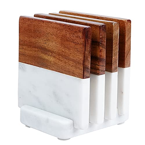 Acacia Wood & White Marble Coasters with Holder (4 Piece) β Square Absorbent Coasters For Drinks: Tea, Coffee, Wine & More β Fancy Half Marble Half Wood Coasters Set for Home & Kitchen Decor (4β x 4β)