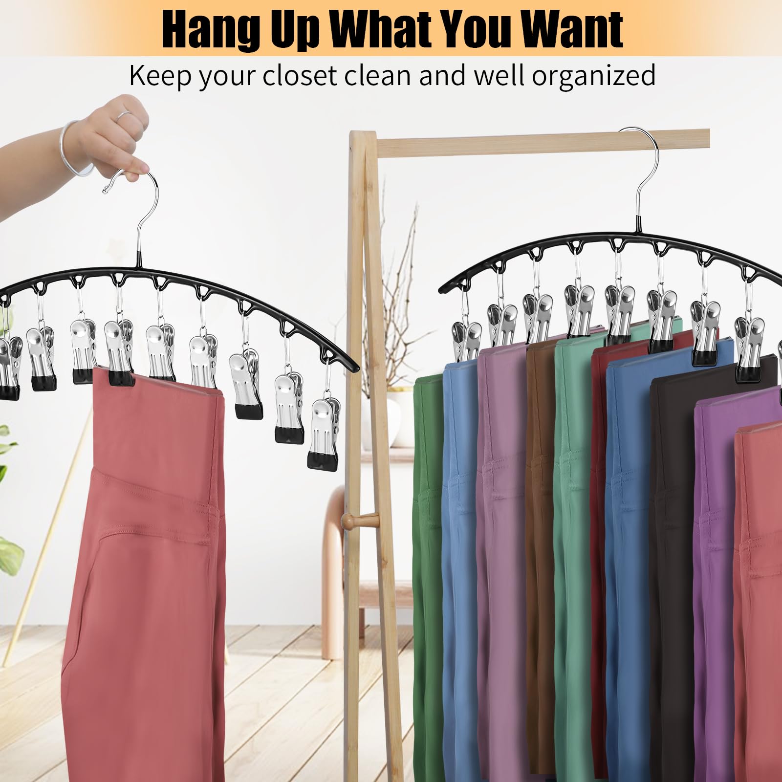 2 Pack Legging Organizer for Closet Hanging, Stainless Steel Clips Hangers for Pants with 10 Clips, Heavey Duty Legging Hangers for Closet Jeans Skirts Bras (Black)