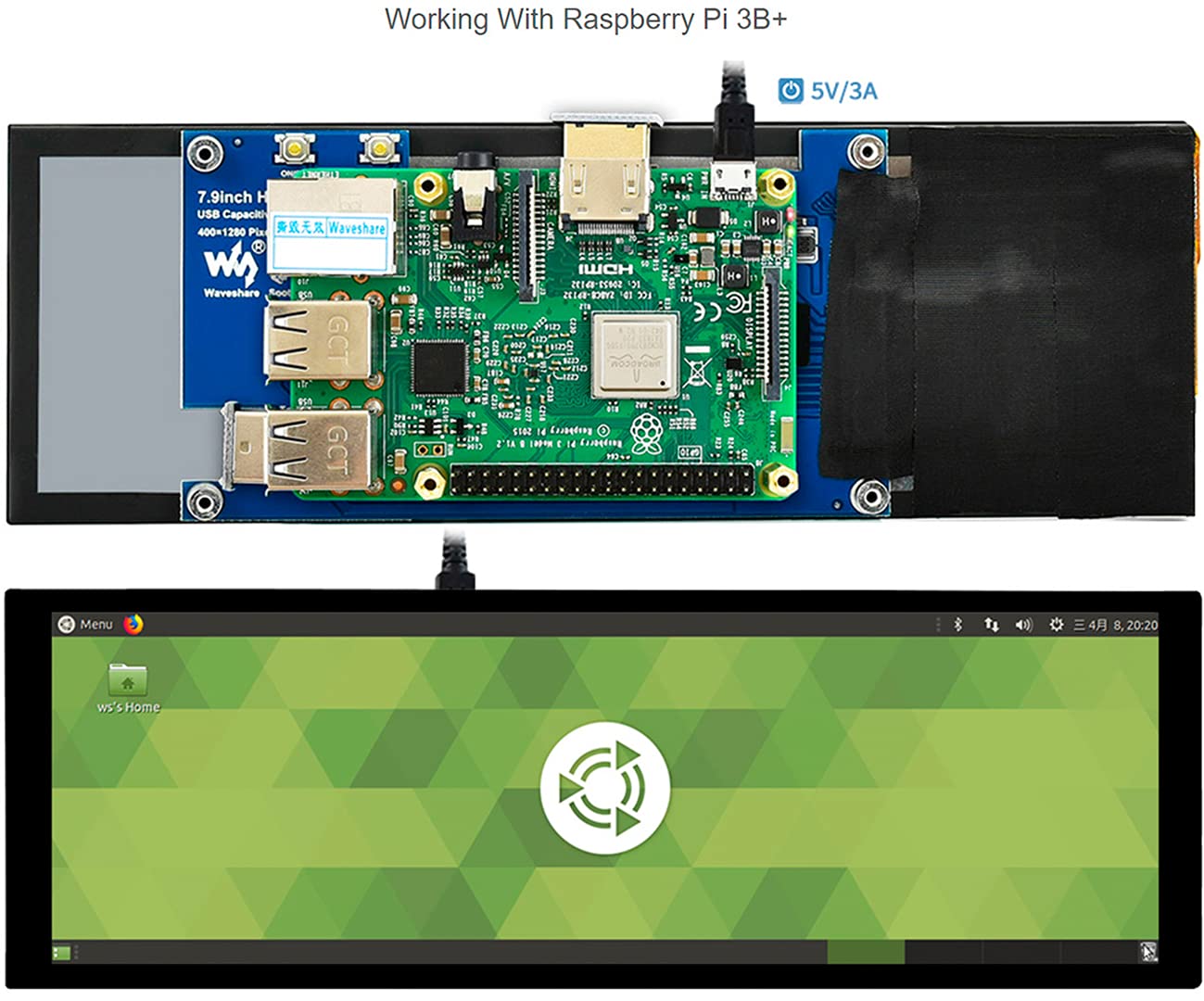 7.9inch Capacitive Touch LCD 400×1280 Pixel IPS Screen HDMI Interface 5-Points Toughened Glass Driver Free for All Raspberry Pi 4B/3B+/3B/2B/Zero/Zero W/Zero WH and Jetson Nano Windows 10/8.1/ 8/7