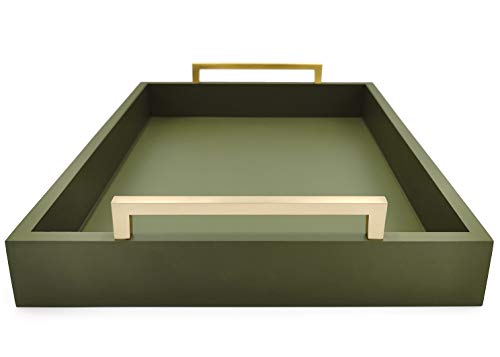 Montecito Home Decorative Coffee Table Tray - Ottoman Tray - Breakfast, Drinks, Liquor Serving Platter - from Farmhouse to Modern - Matte Finish - Champagne Gold Handles - Loden Green