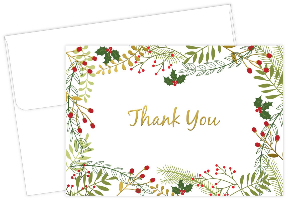 Aeiniweraabbcc XGATML Merry Twigs & Holly Thank You Note Cards & Envelopes - 50 Pack - Christmas Thank You Notes with Gold Foil Highlights!