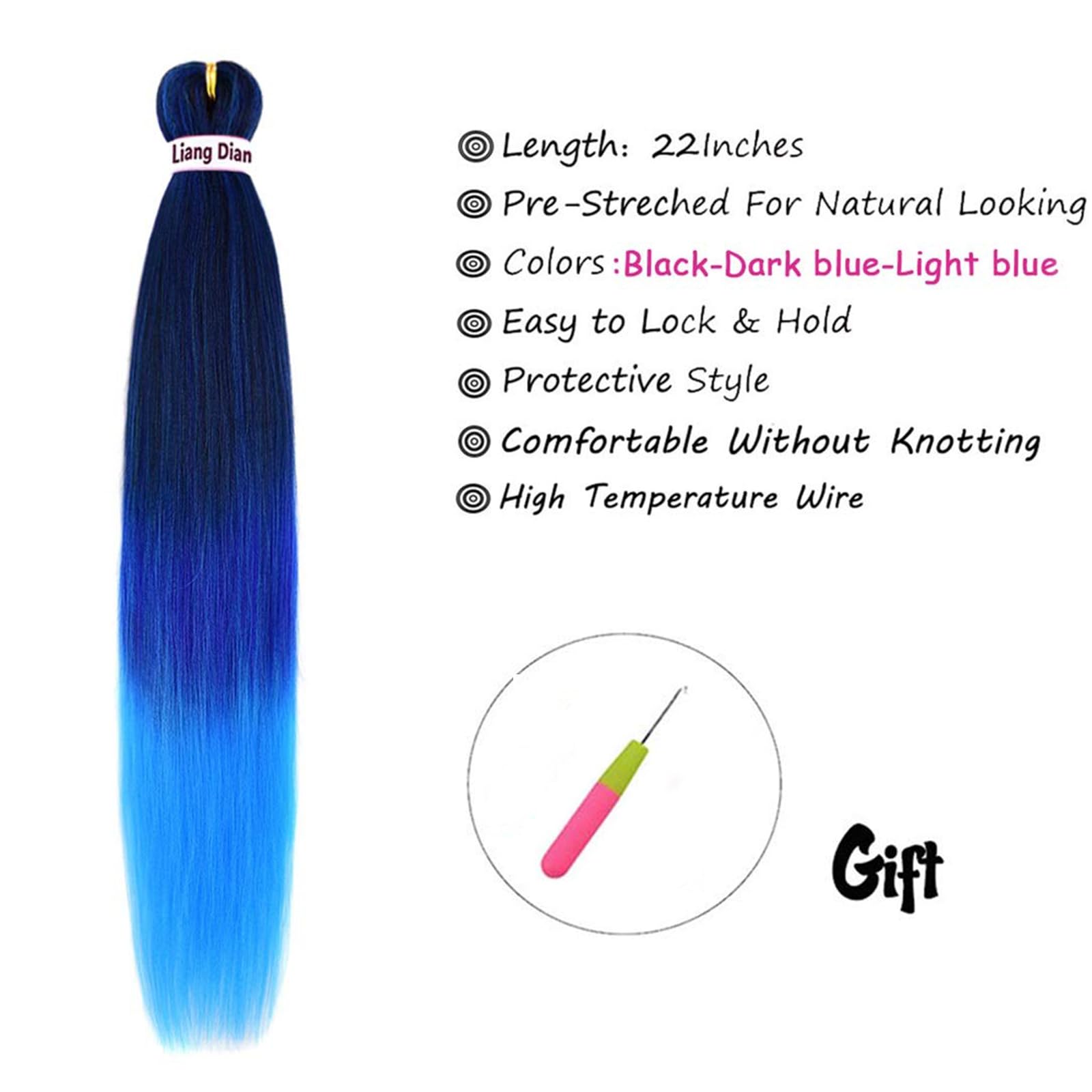 Liang Dian Pre-Stretched Braiding Hair 22 inch 6 packs Hot Water Setting Synthetic Hair Crochet Braiding Hair Extension(mixed black/dark blue/light blue)