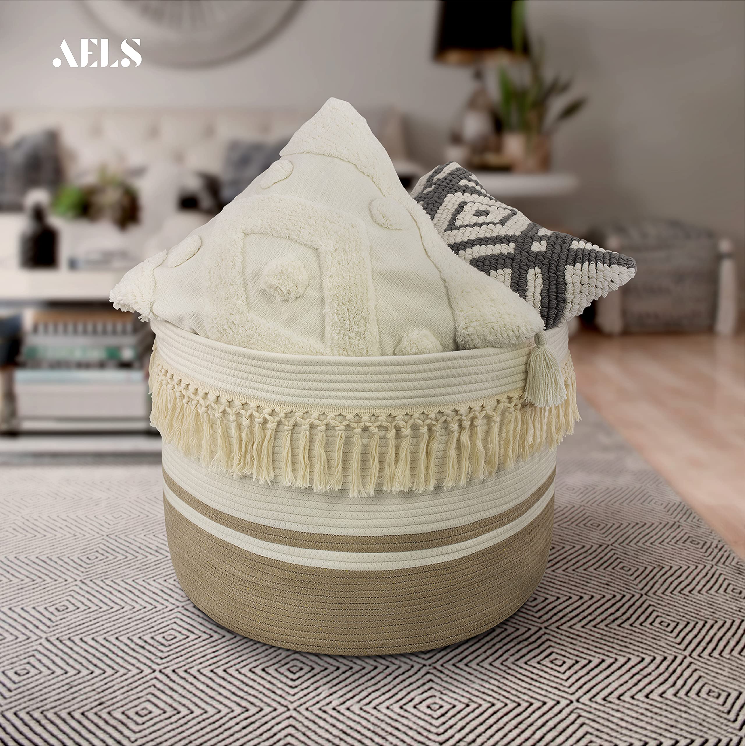 AELS XXXLarge 22"22"x15" Rope Boho Decor Basket Woven Bathroom Basket for Blankets Storage Basket Bathroom with Handle Comforter Cushions Storage Bins Thread Laundry Hamper-Brown and White