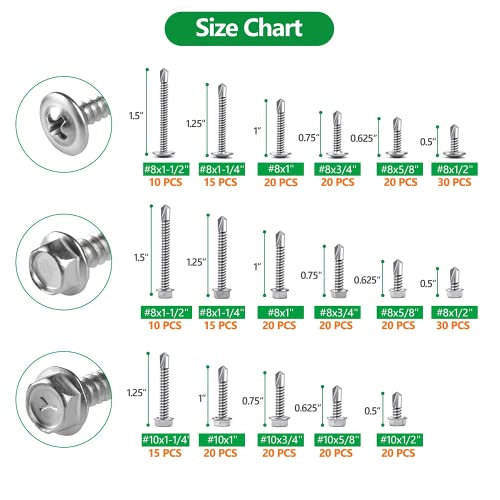 325Pcs Self Drilling Screws Assortment Kit, 410 Stainless Steel Self Tapping Sheet Metal TEK Screws for Metal, Truss & Hex Washer Head #8#10-1/2",5/8",3/4",1",1-1/4",1-1/2"