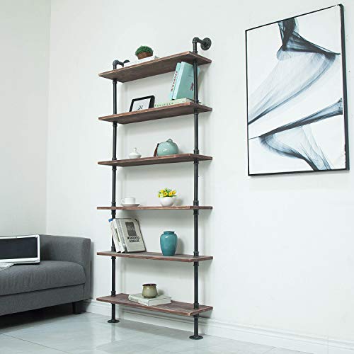 WGX Design For You Industrial Pipe Shelves Rustic Wood Ladder Bookshelf Wall Mounted Shelf for Living Room Decor and Storage (32in, 6 Layers)