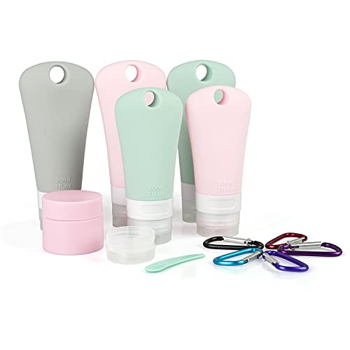 Libra 12 pcs TSA Certified portable soft silicone travel bottles kit Leak Proof Squeezable Travel Size Toiletries Containers Refillable Travel container with Carabiner colors Round hole