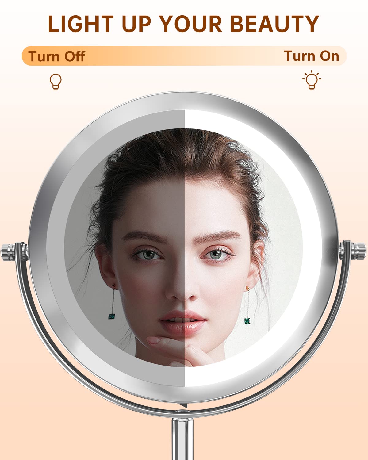 1X/10x Magnified Lighted Makeup Mirror Double Sided Round Magnifying Mirror Standing 360 Degree Swivel Vanity Mirror Battery Operated 7 Inch Diameter Shaving Bathroom Mirror