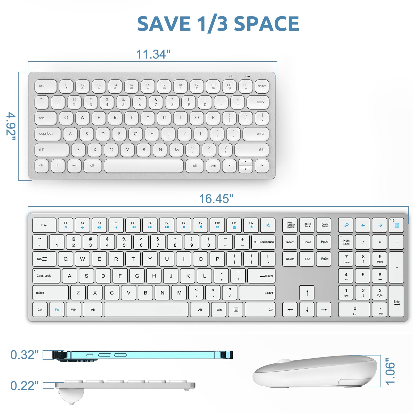 Wireless Keyboard and Mouse, WisFox 2.4GHz Compact Keyboard Mouse Combo, Small Quiet USB Laptop Keyboard Portable Mini Wireless Keyboard for Computer Window PC Notebook (Silver White)