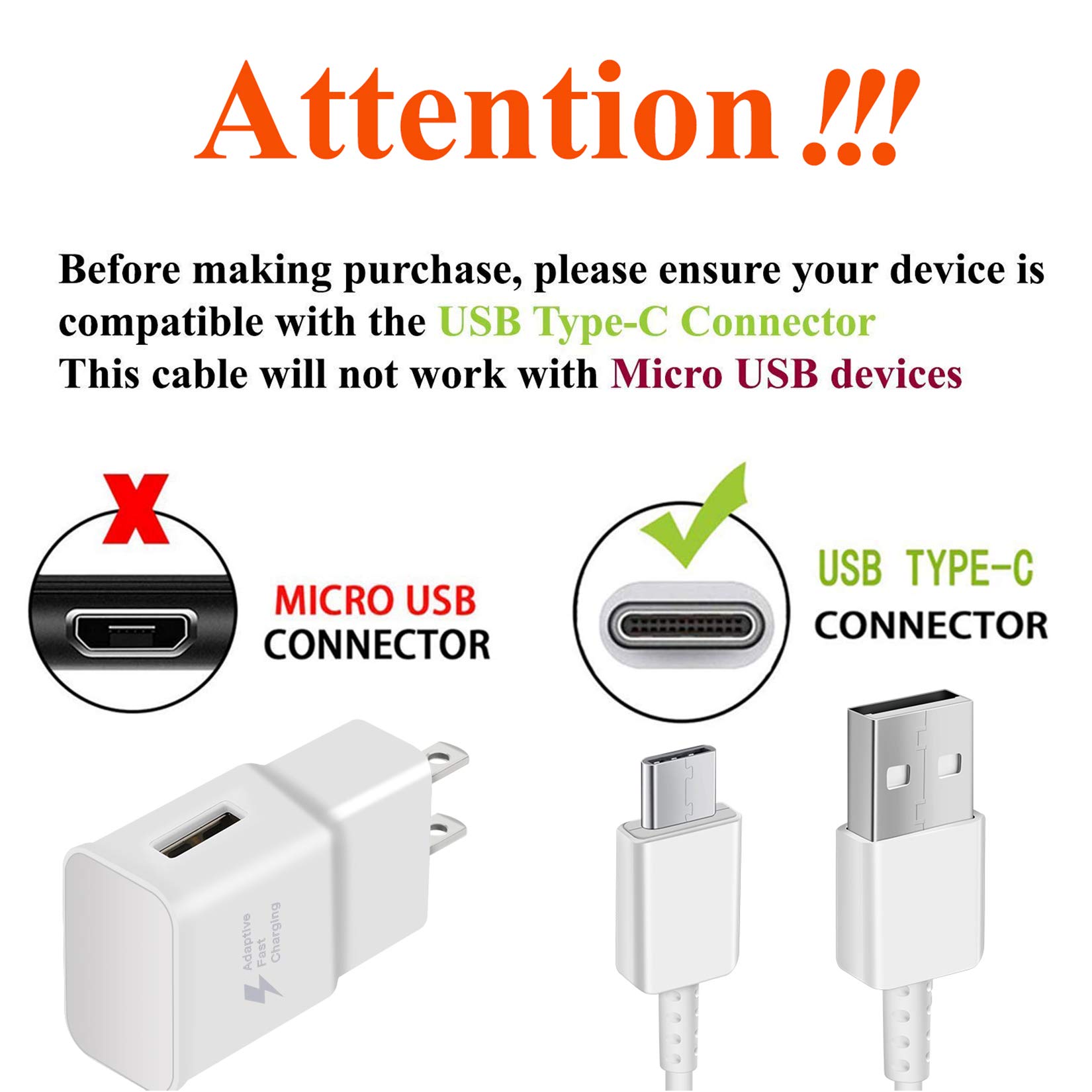 Adaptive Fast Charger Kit with USB Type C Cable【5 ft】 Fast Charging Wall Charger Block Compatible with Samsung Galaxy S21/S21 Ultra/S20/S20+/S10/S10e/S9/S8/S8Plus/Edge/Active/Note 8/9/10/20 (2 Pack)